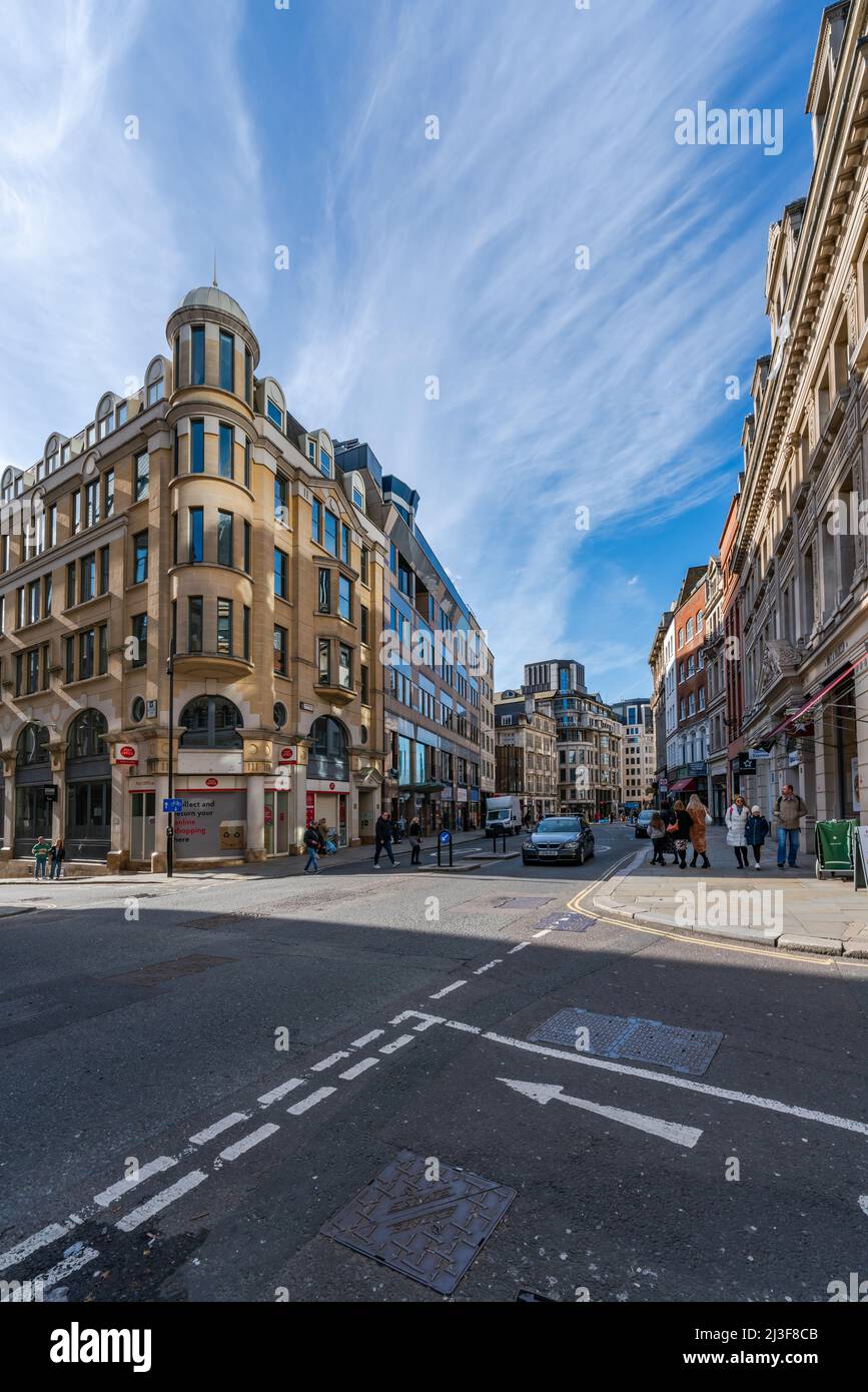 LONDON, UK - FEBRUARY 26, 2022: Street view in the City of London, the ...