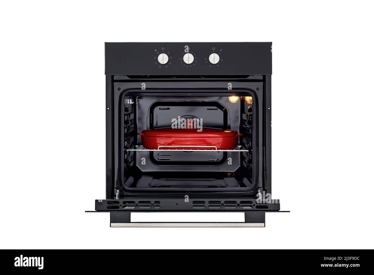 Black oven with red baking dish front view isolated on white Stock ...