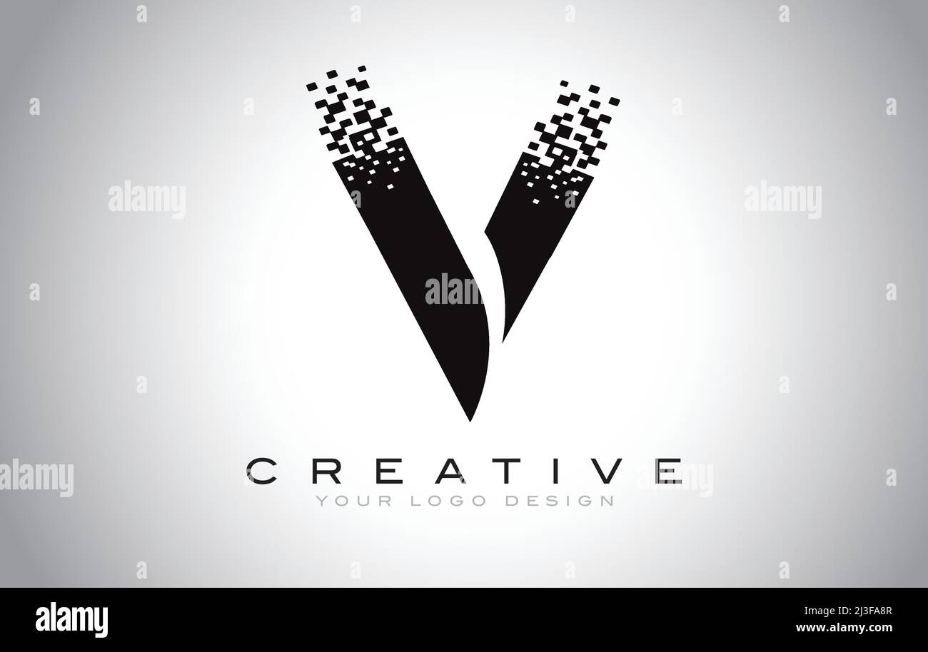V Initial Letter Logo Design with Digital Pixels in Black and White ...