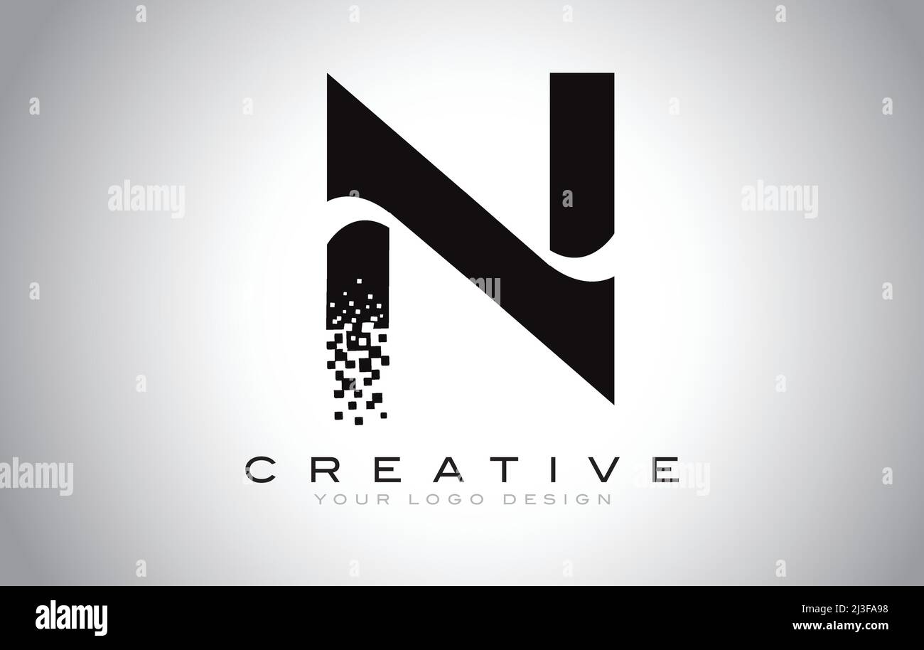 N Initial Letter Logo Design with Digital Pixels in Black and White ...