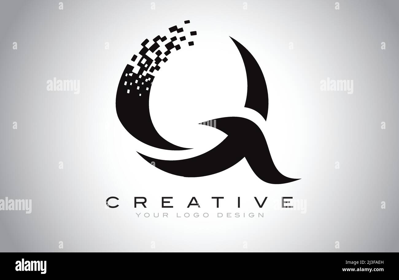 Q Initial Letter Logo Design with Digital Pixels in Black and White ...