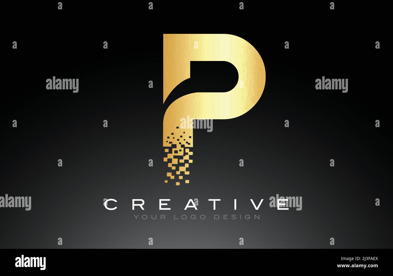P Initial Letter Logo Design with Digital Pixels in Golden Colors Stock ...