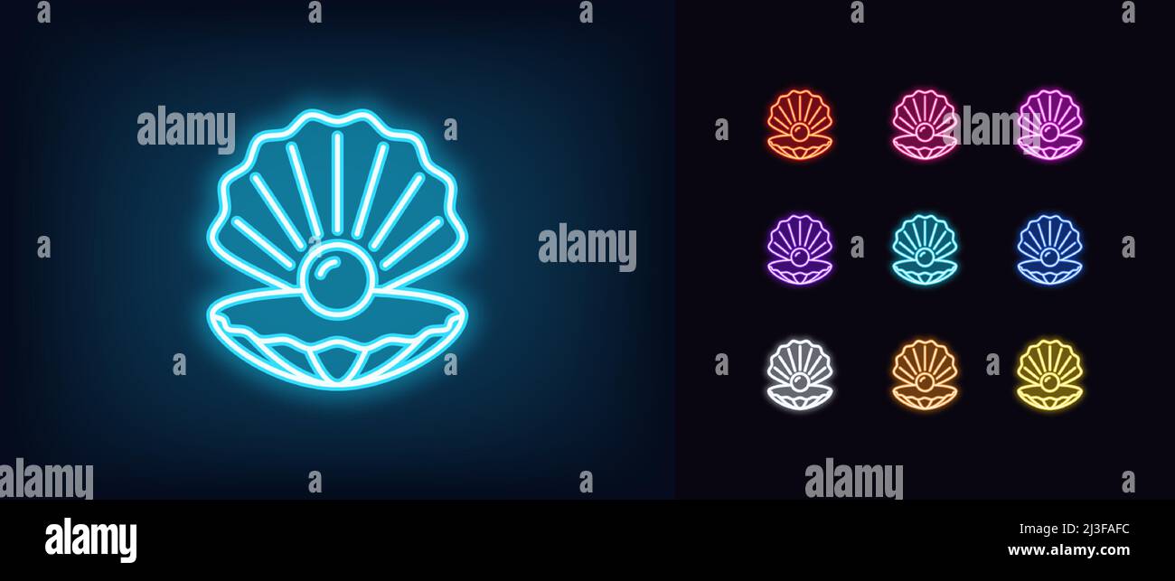 Outline neon shell icon. Glowing neon pearl with open shell silhouette ...