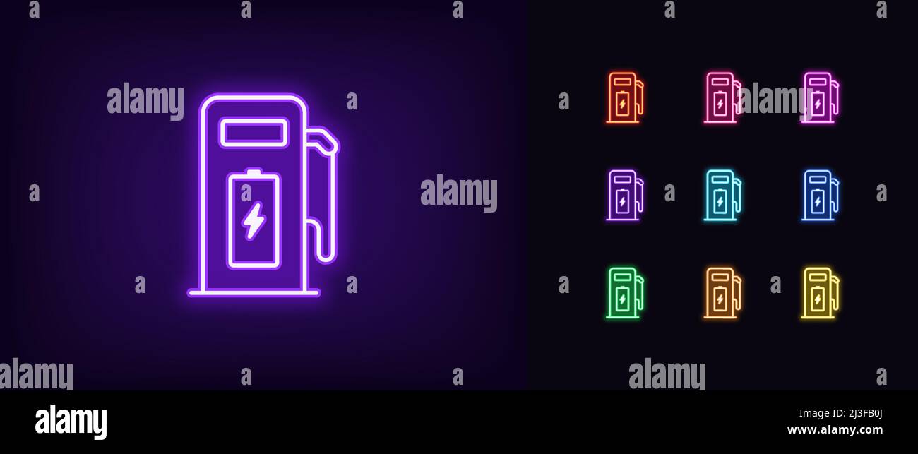 Outline neon electric station icon. Glowing neon charging station with ...