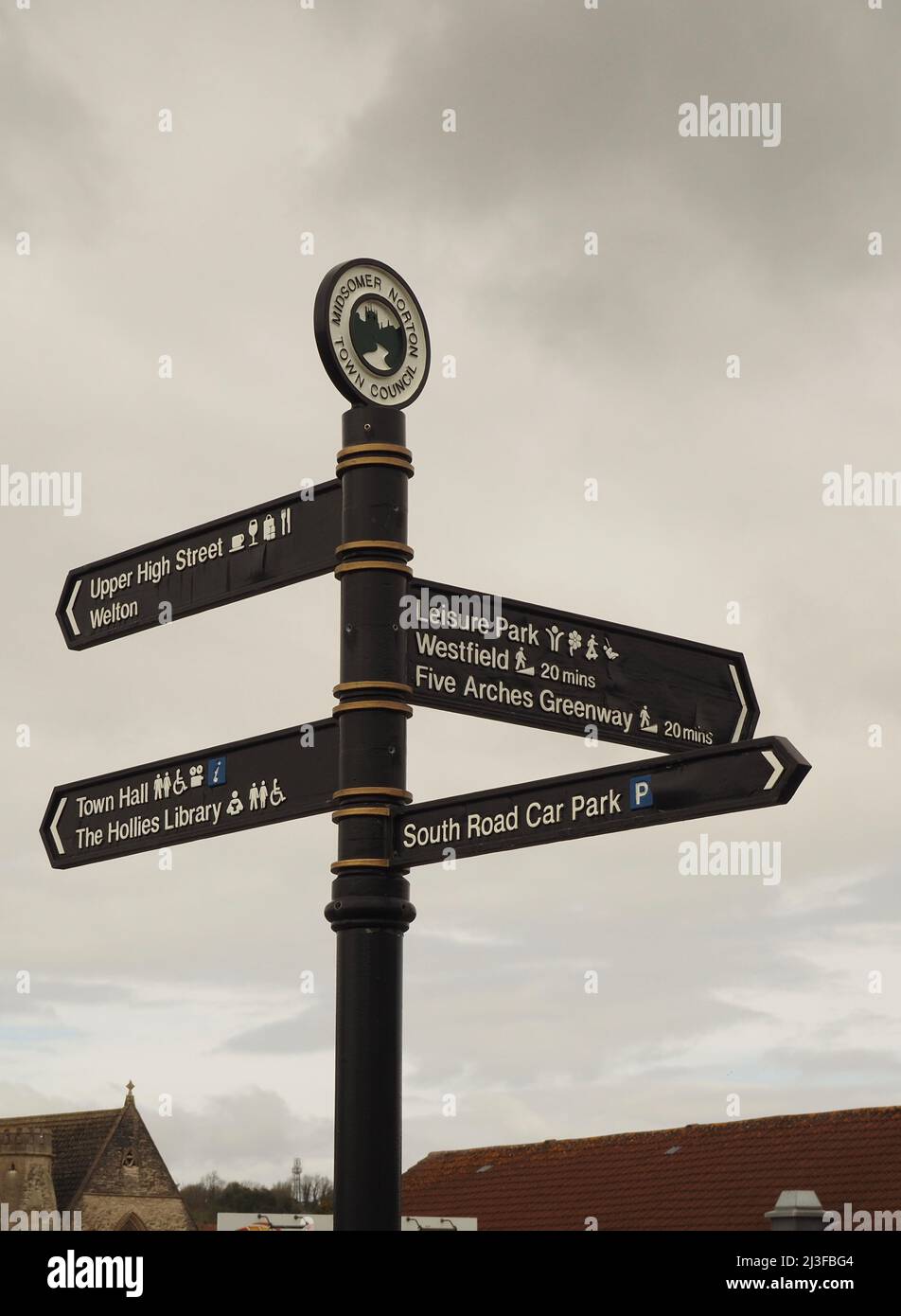 Direction signs for pedestrians in Midsomer Norton, Somerset Stock ...