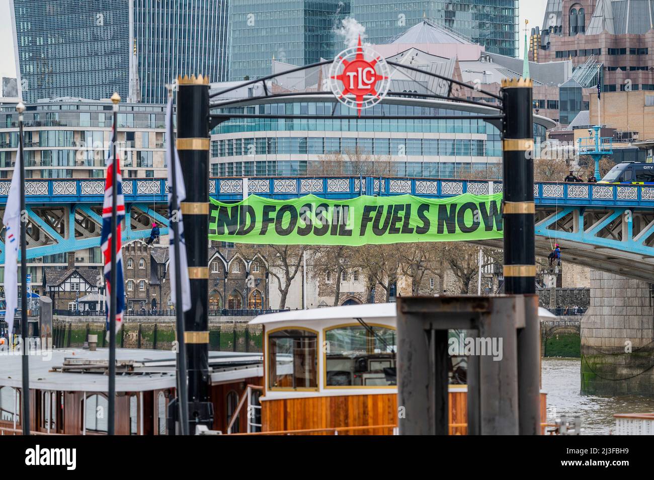 London, UK. 8th Apr, 2022. The banner behind the fake funnels of a ...