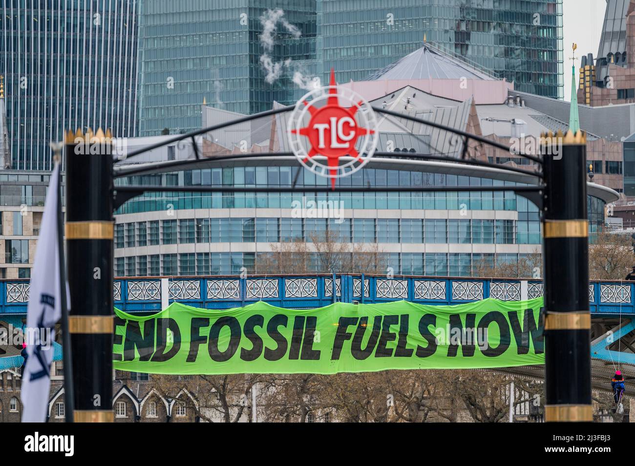 London, UK. 8th Apr, 2022. The banner behind the fake funnels of a ...