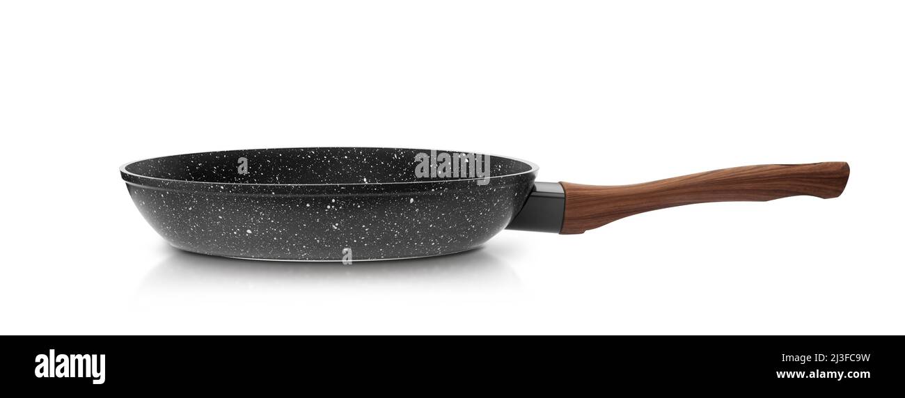 Modern frying pan with non-stick granite coating isolated on white ...