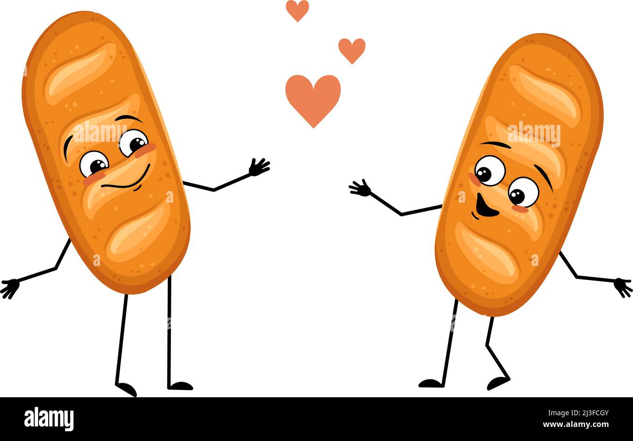 Cute loaf of bread character with love emotions, smile face, arms and ...