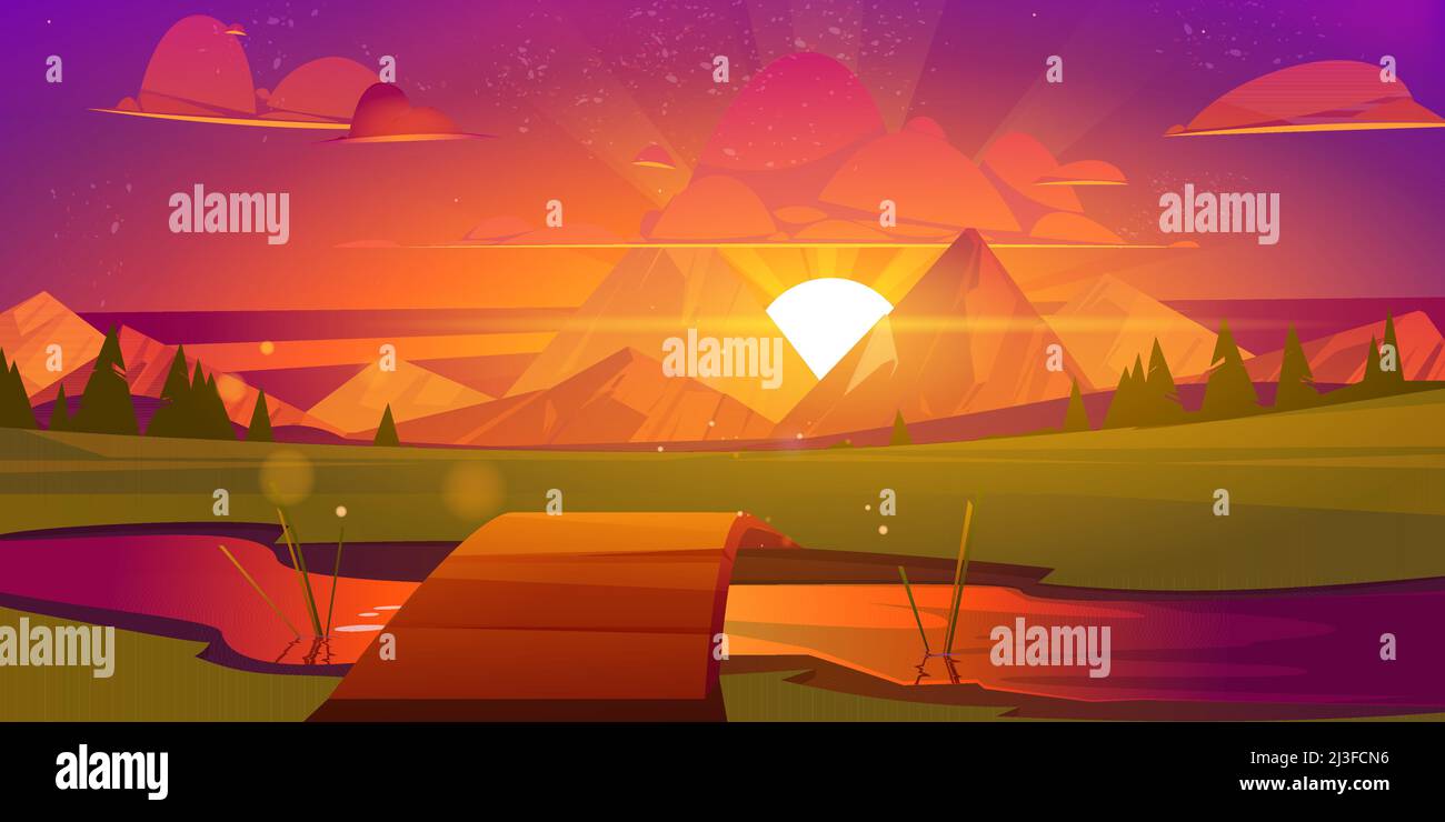 Beautiful sunset cartoon nature landscape, wooden bridge over the river ...