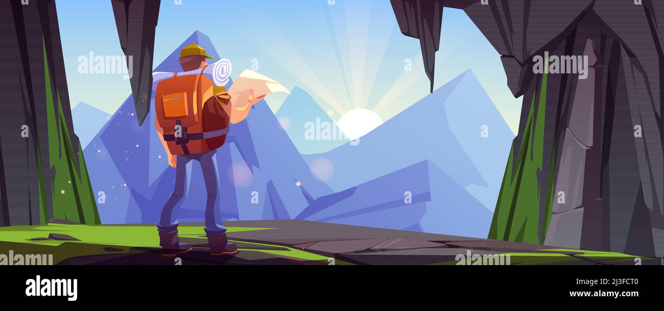 Hiker man on mountain ledge at morning. Vector cartoon illustration of ...