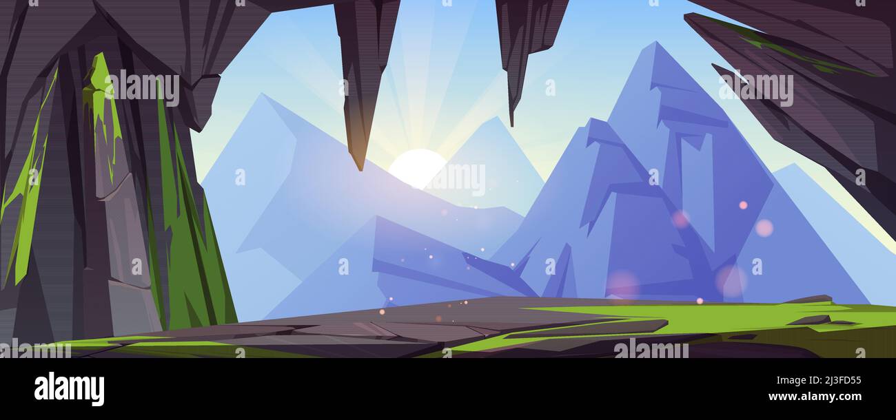 Mountain cave entrance with scenery landscape view of high rock peaks ...