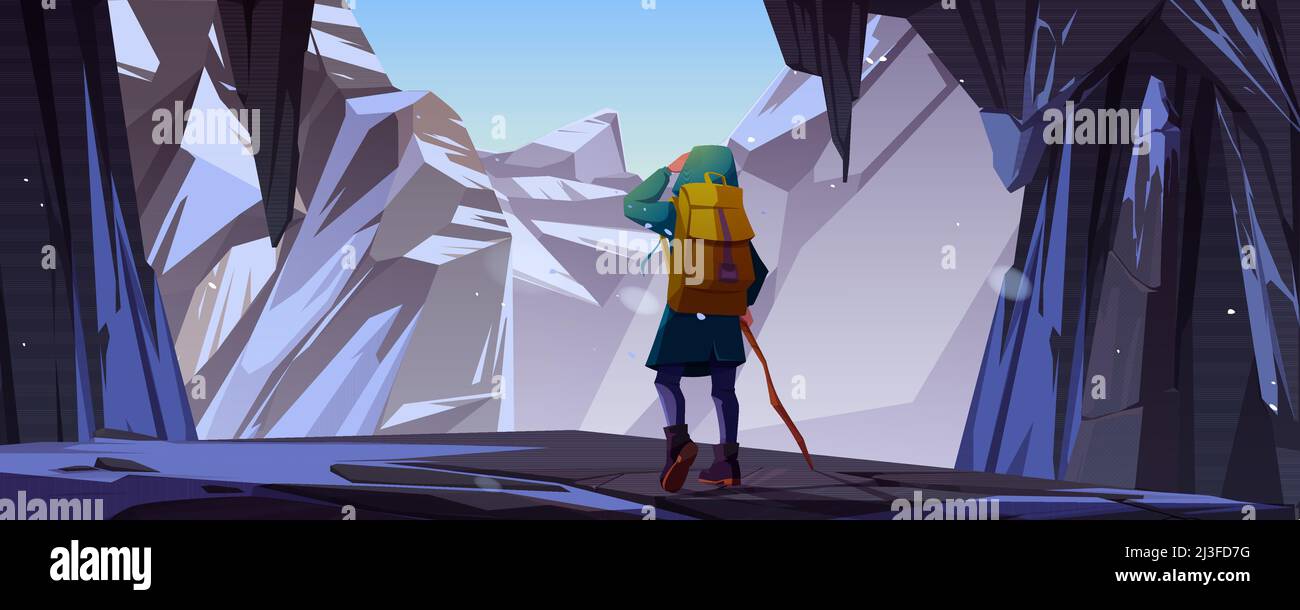 Woman hiker on mountain ledge with snow. Vector cartoon illustration of ...