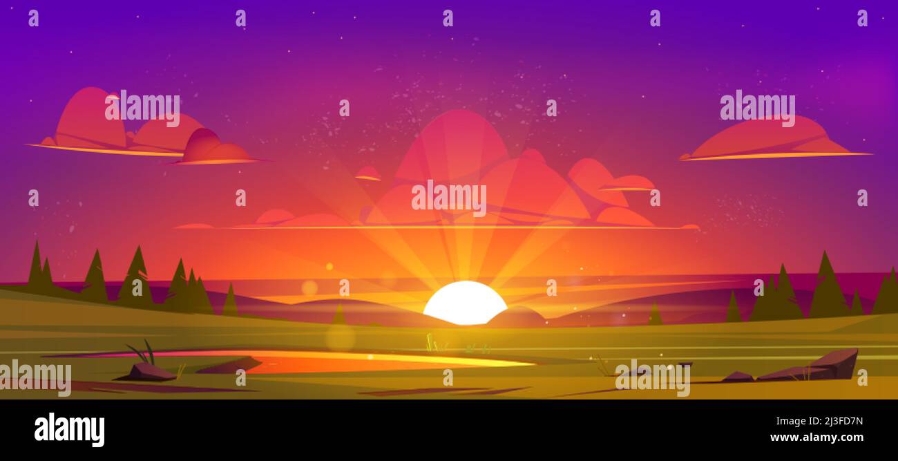 Cartoon nature landscape beautiful sunset at green field with pond ...