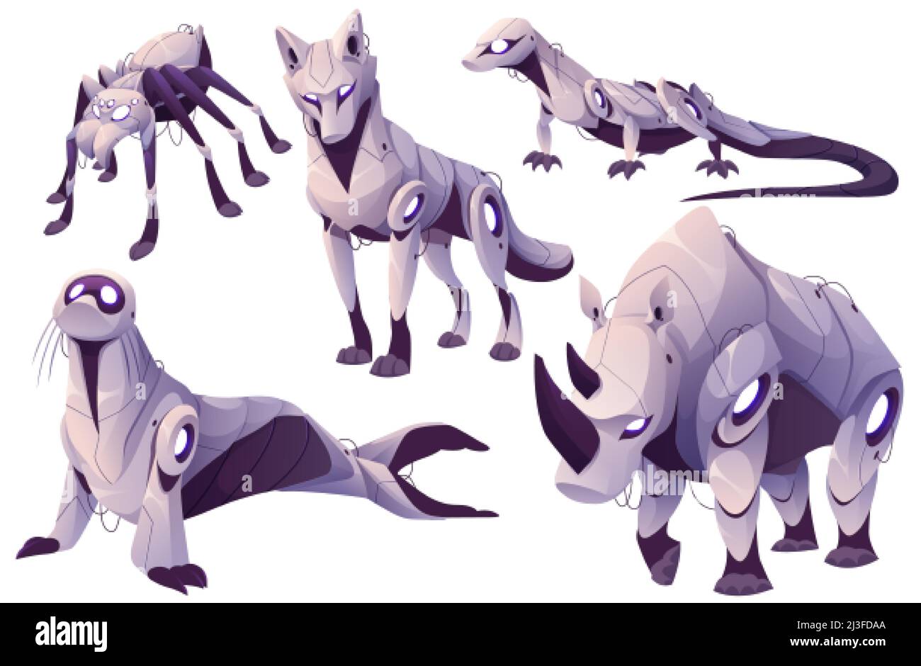 Robots animals, cyborgs spider, wolf, lizard, seal and rhino cartoon ...