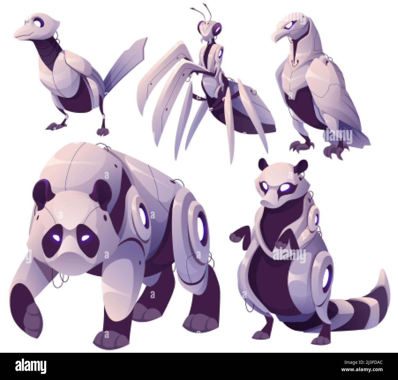Robots animals, futuristic cyborgs birds magpie and eagle, panda, wasp ...