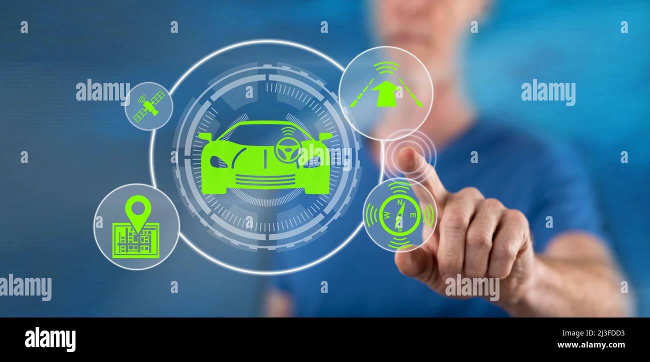 Man touching a driverless car concept on a touch screen with his finger ...