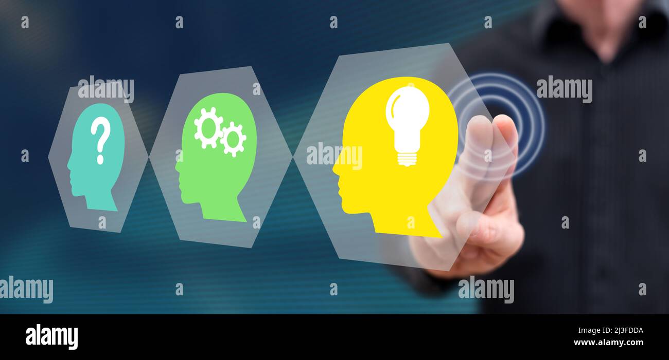 Man touching an innovation concept on a touch screen with his fingers ...
