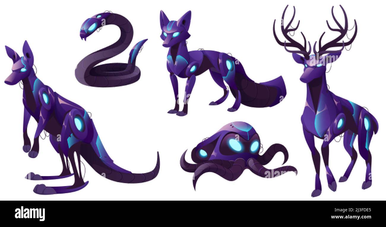 Animal robots, cyborgs kangaroo, snake, fox, octopus and deer. Cartoon ...