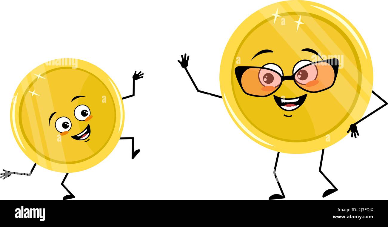 Cute golden coin character with glasses and grandson dancing character ...