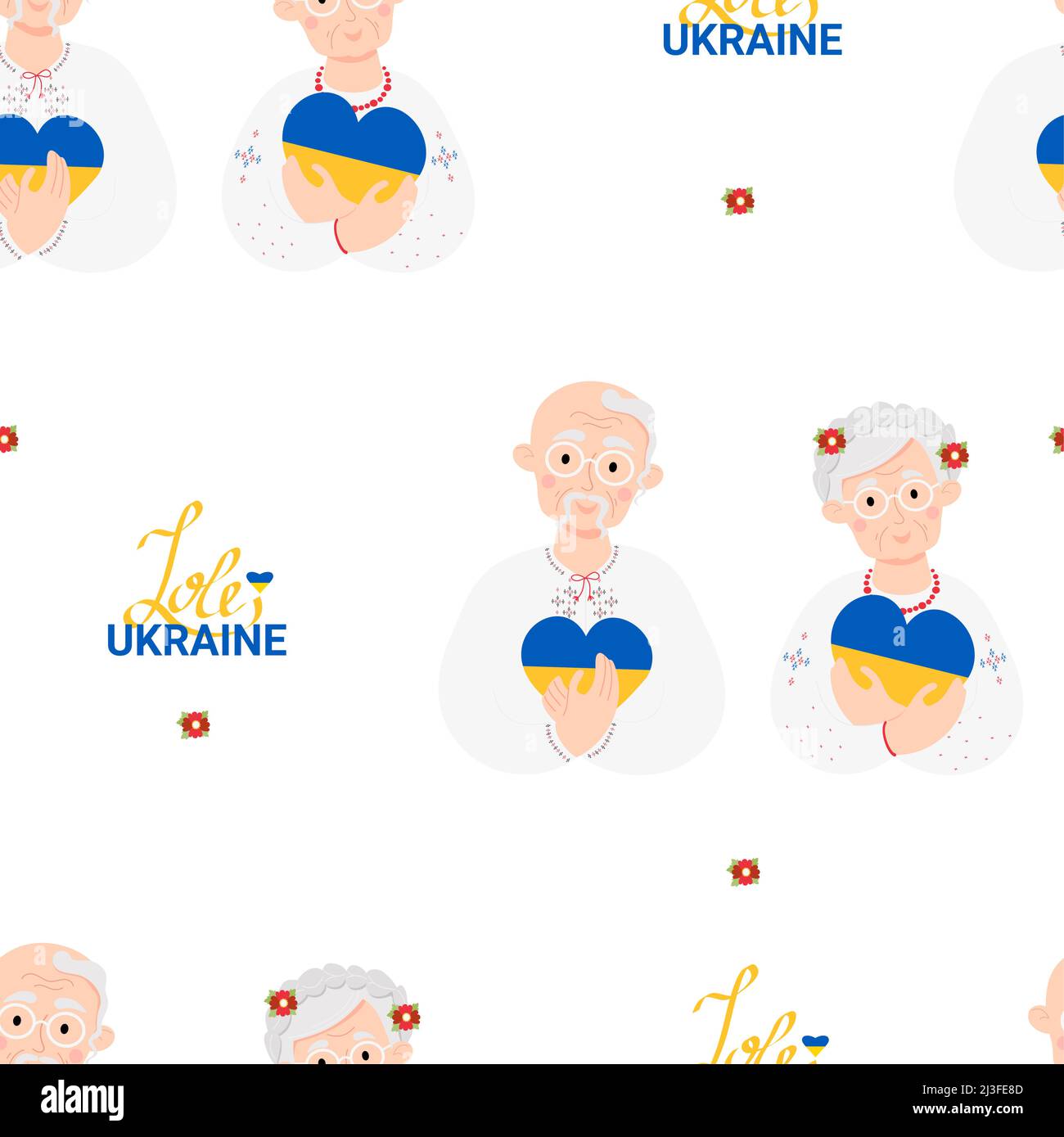 Patriotic Ukrainian seamless pattern. Happy Ukrainian elderly woman and ...