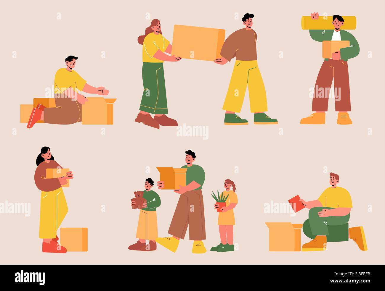 Family move to new house and packing home stuff. Vector flat ...