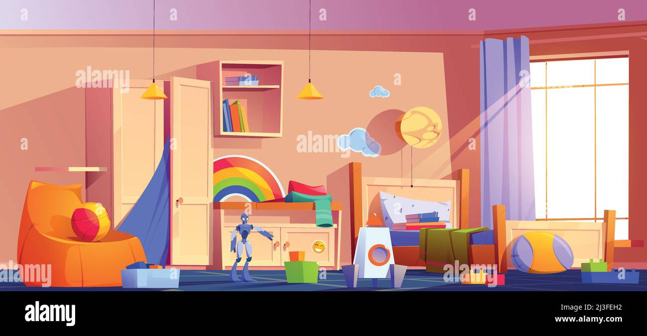 Mess in kids room, messy child bedroom interior with books on unmade ...