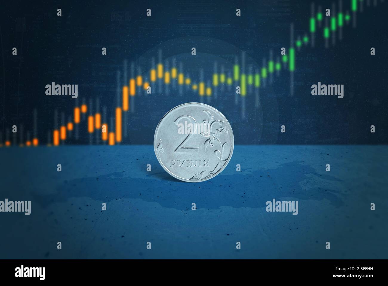 Russian ruble coin with currency strengthening chart. Below is a map of ...