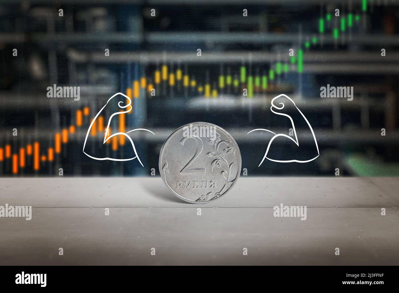 Coin of Russian ruble with hands and muscles concept. Strengthening and ...