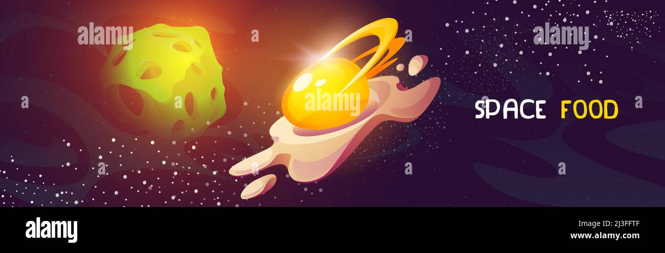 Space food poster with fried egg and piece of cheese in cosmos. Vector ...