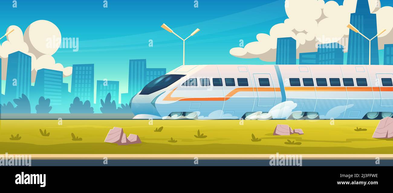 Modern train rides on rails on background of city buildings on skyline ...