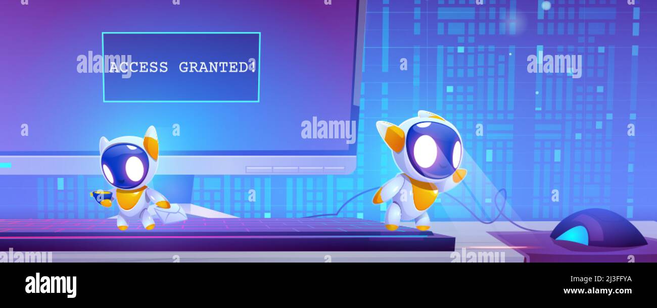 Cute robots, digital assistants on computer keyboard. Vector cartoon ...