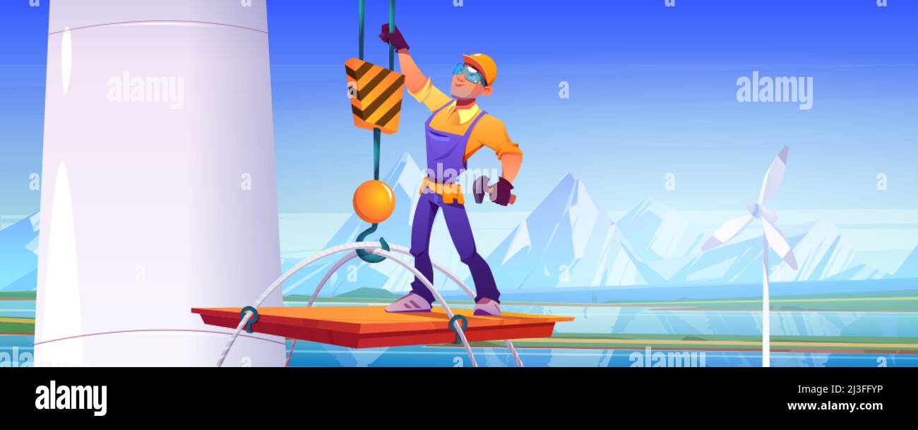 Crane lift up worker man for wind turbine maintenance. Vector cartoon ...