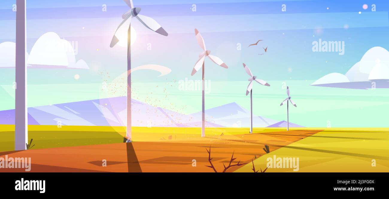 Sustainable energy farm with wind turbines on green field. Vector ...
