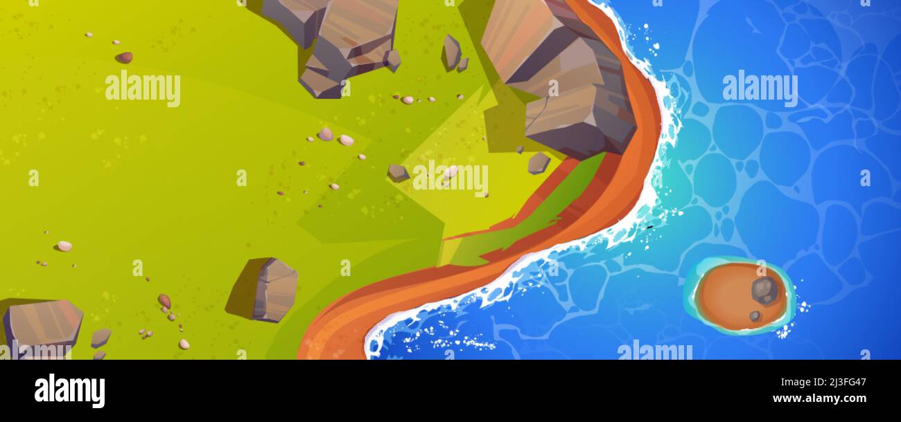 Top view of sea coast, ocean beach with rocks and cliffs. Vector ...