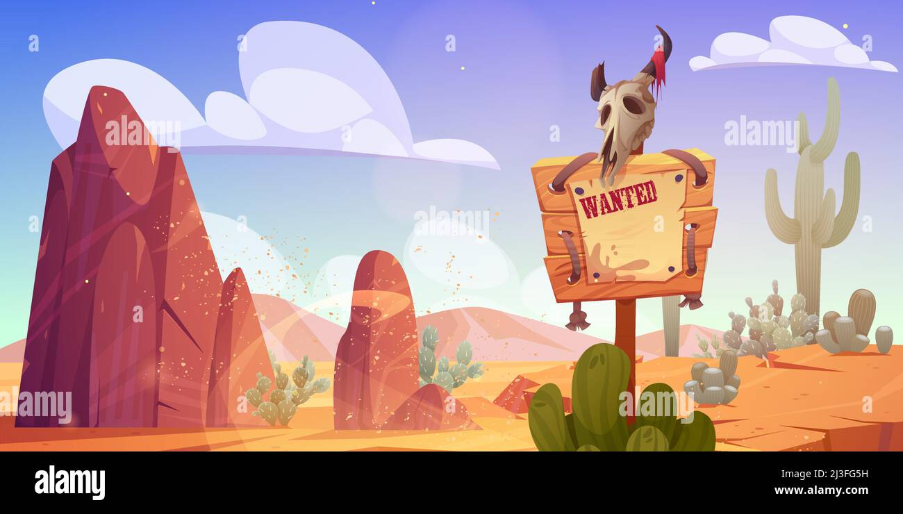 Wanted sign or banner in wild west desert landscape with rocks and ...