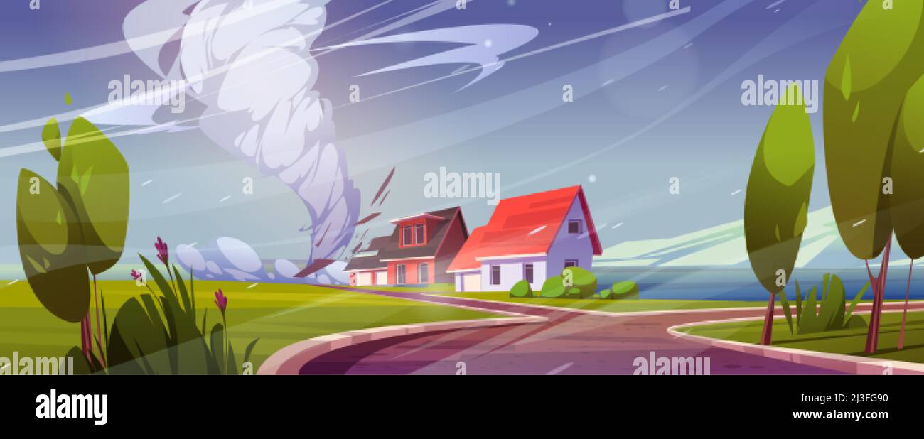 Houses destruction with tornado catastrophe. Natural disaster with ...