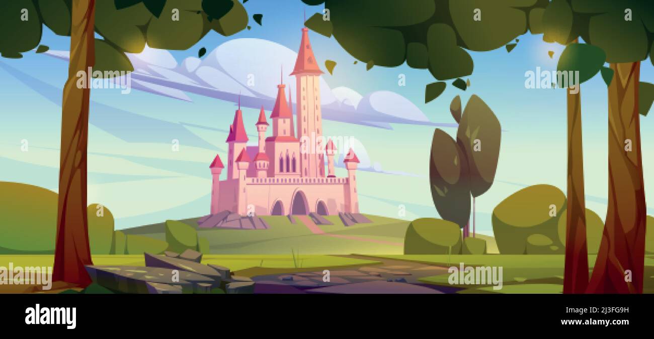 Pink magic castle on green hill, fairy tale palace with turrets and ...