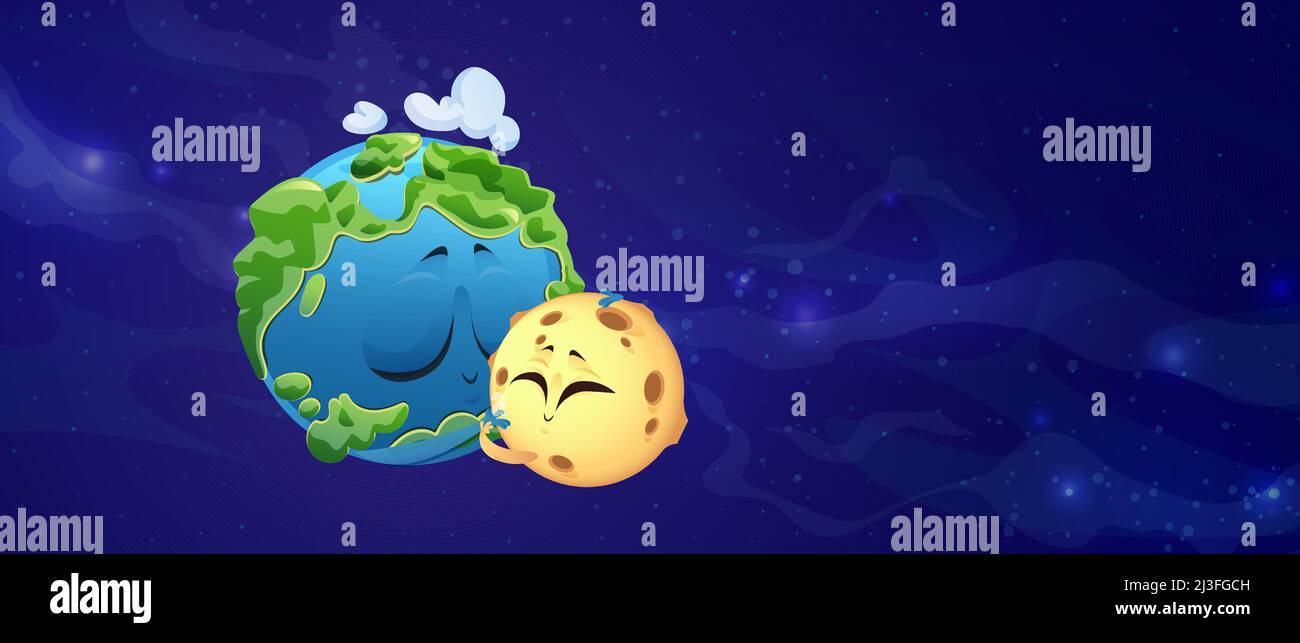 Cute planet Earth and Moon characters embrace in outer space. Vector ...