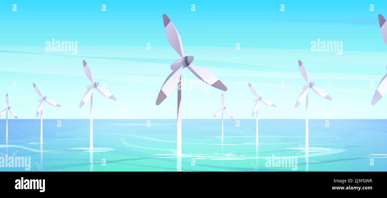 Offshore farm with windmills in water, alternative wind energy ...