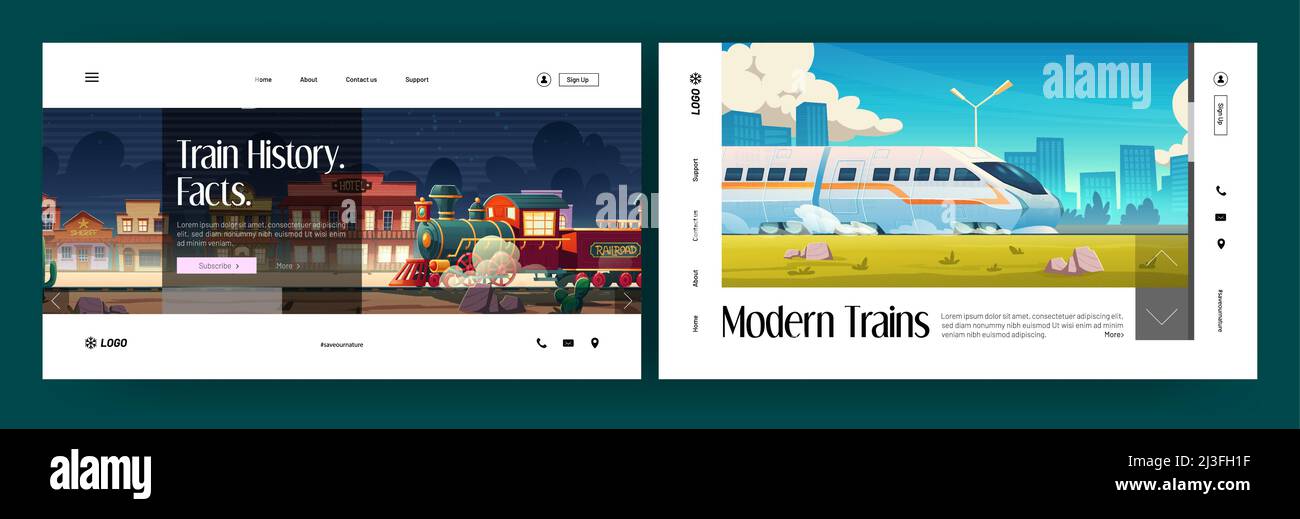 Train history banners with vintage steam engine and modern speed subway ...