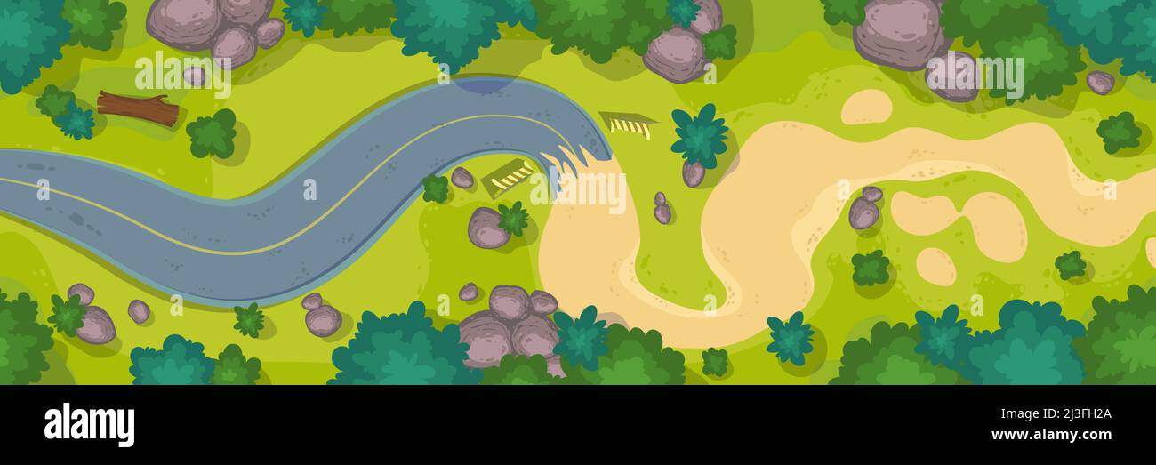 Road top view, curve way building process with asphalted or dirt parts ...