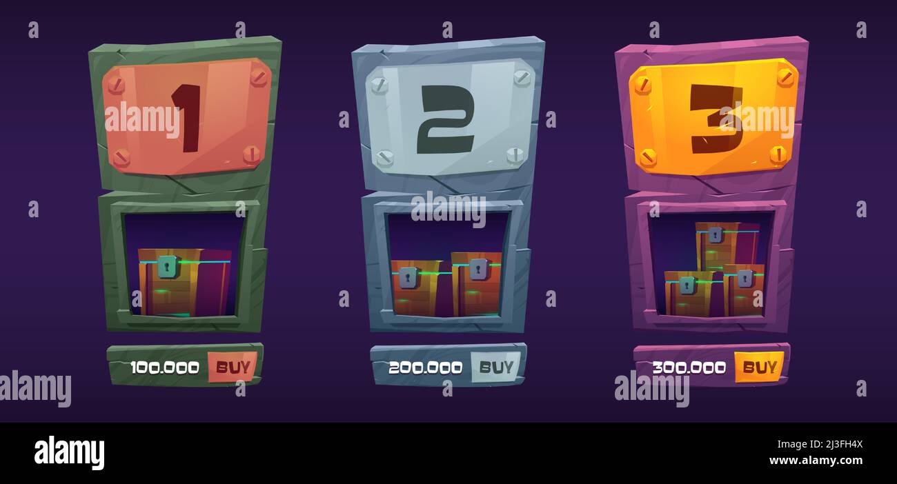 Game shop banners, wooden boards with gold, silver and bronze plates ...