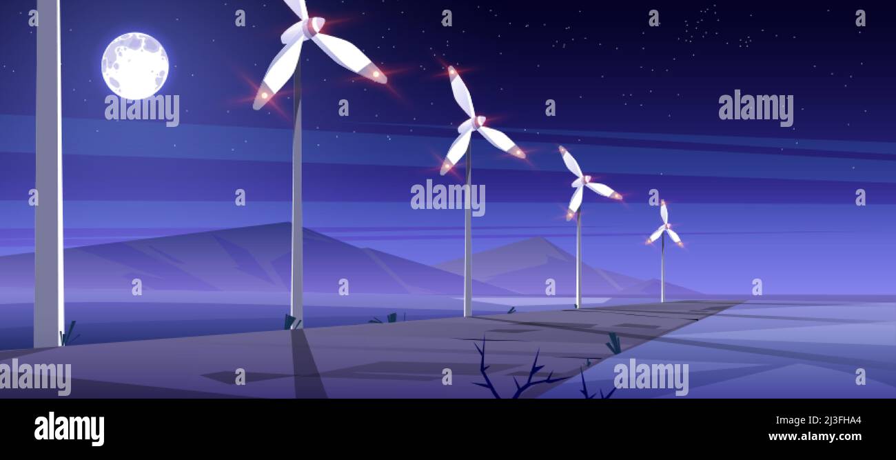 Sustainable energy farm with wind turbines at night. Vector ...