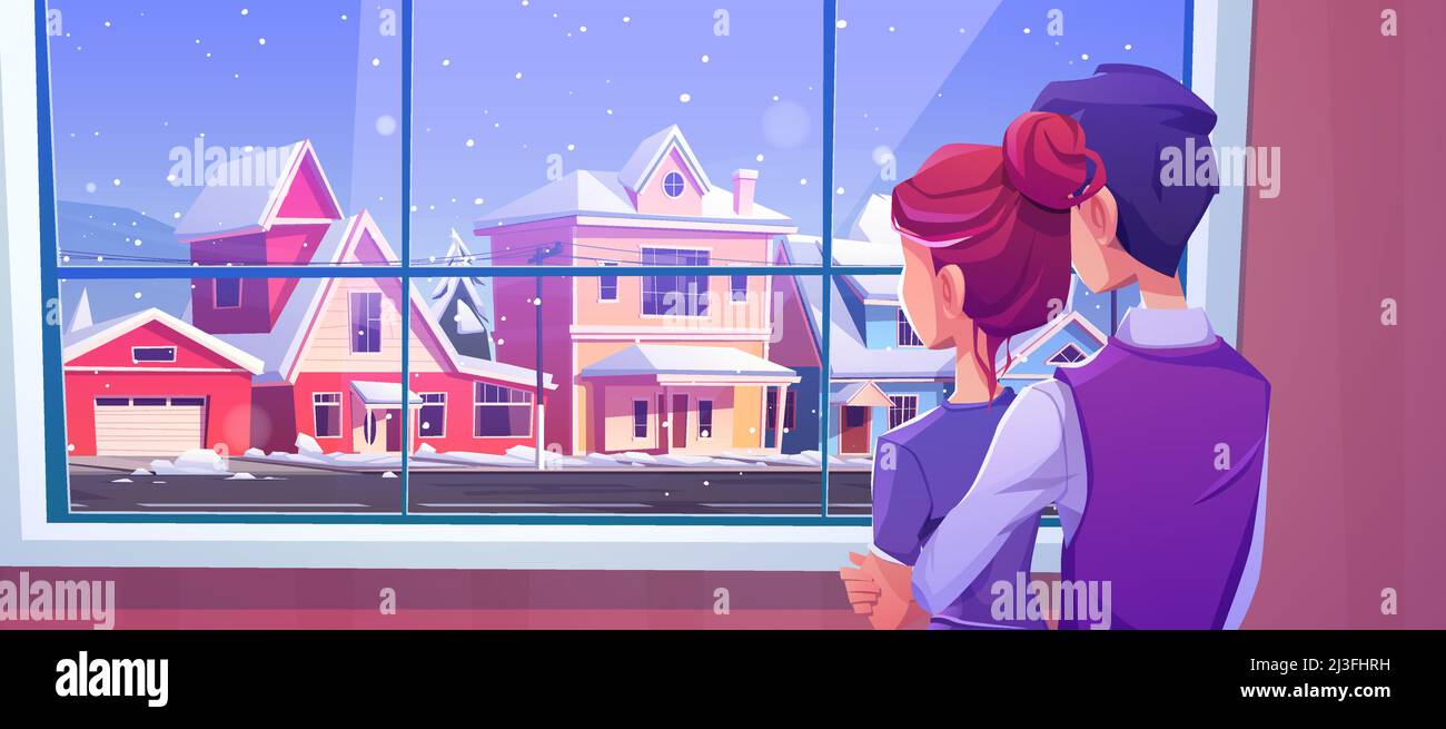 Couple looking at window at snowfall on city street. Vector cartoon ...