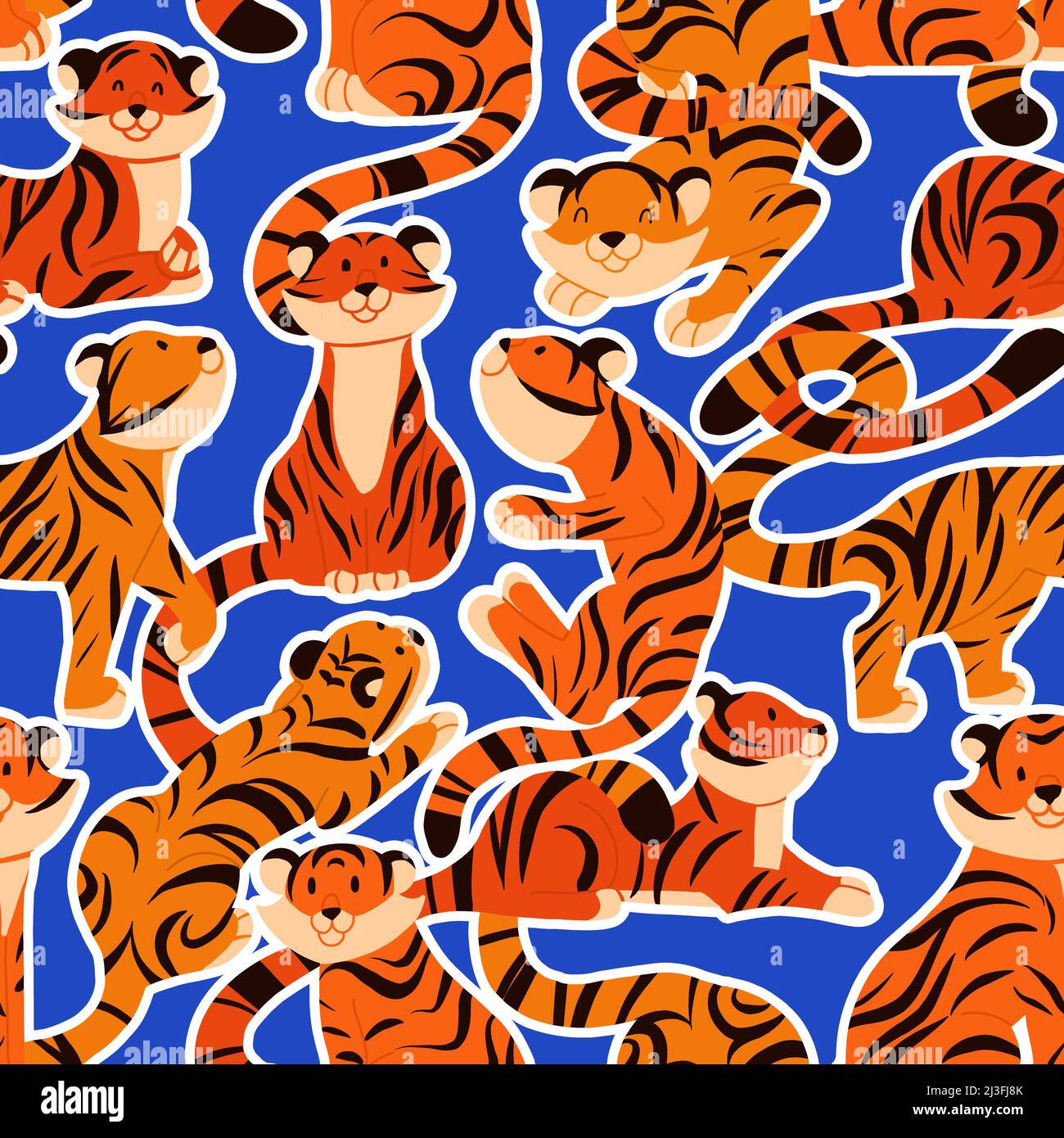 Seamless pattern with stickers of cartoon tigers in different poses ...