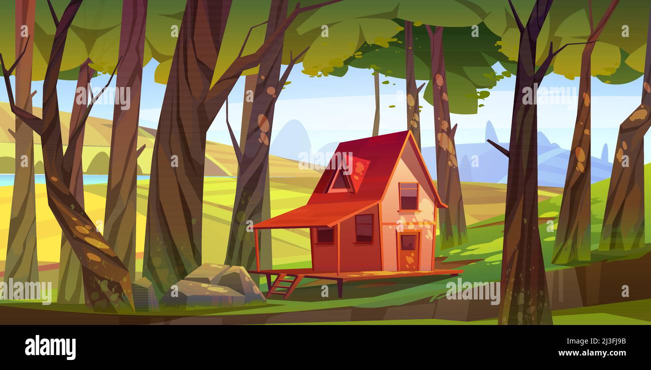 Countryside with wooden house, garden, river and agriculture fields ...