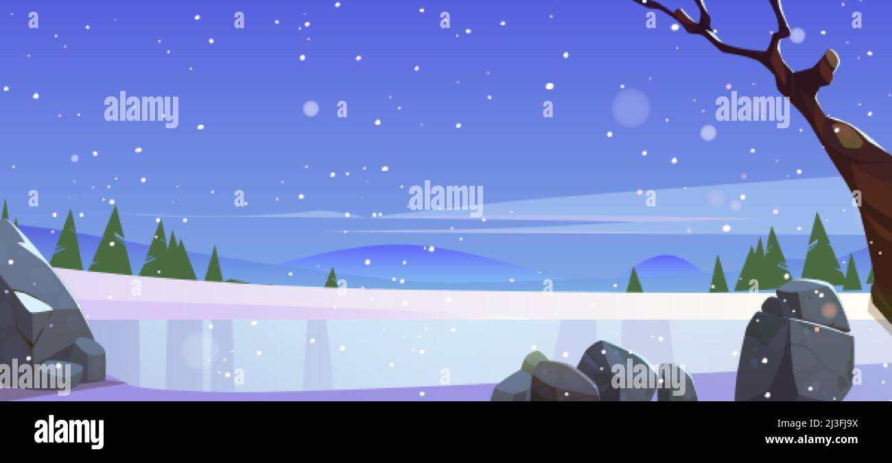 Winter landscape with frozen lake, conifers and hills on horizon ...