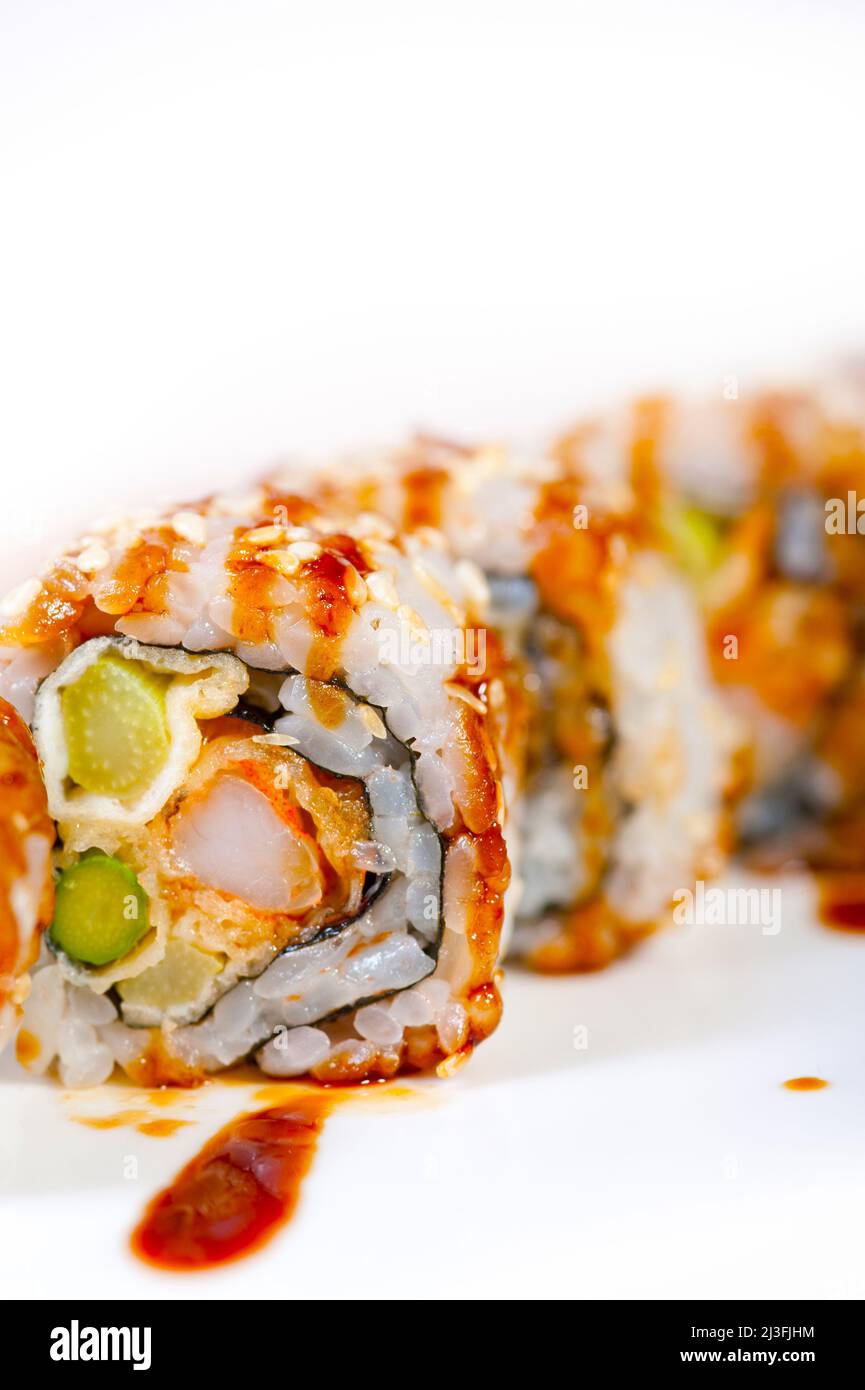 macro closeup of fresh sushi choice combination assortment selection ...