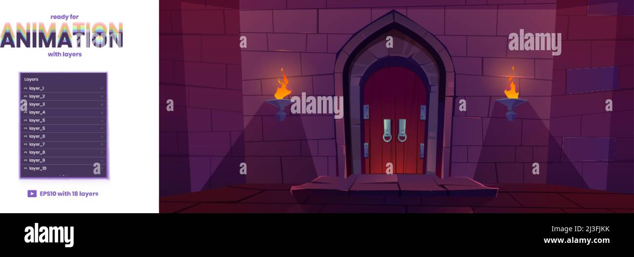 Medieval castle gate at night parallax background with 2d separated ...